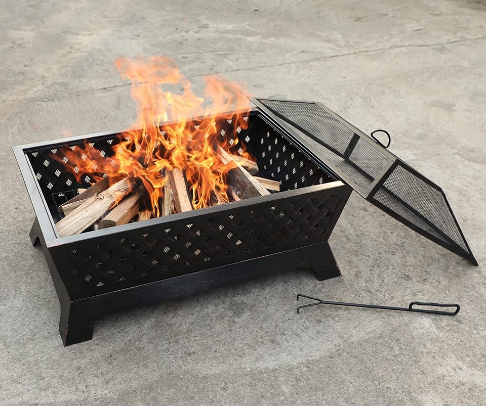 Outdoor Wood Burning Fire Pit Rectangular Deep Bowl Patio Firepit ...