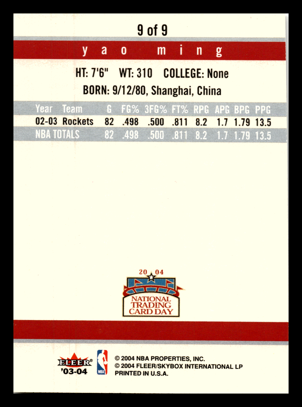 Yao Ming HOF 2004 Fleer National Trading Card Day #9 Houston Rockets ...