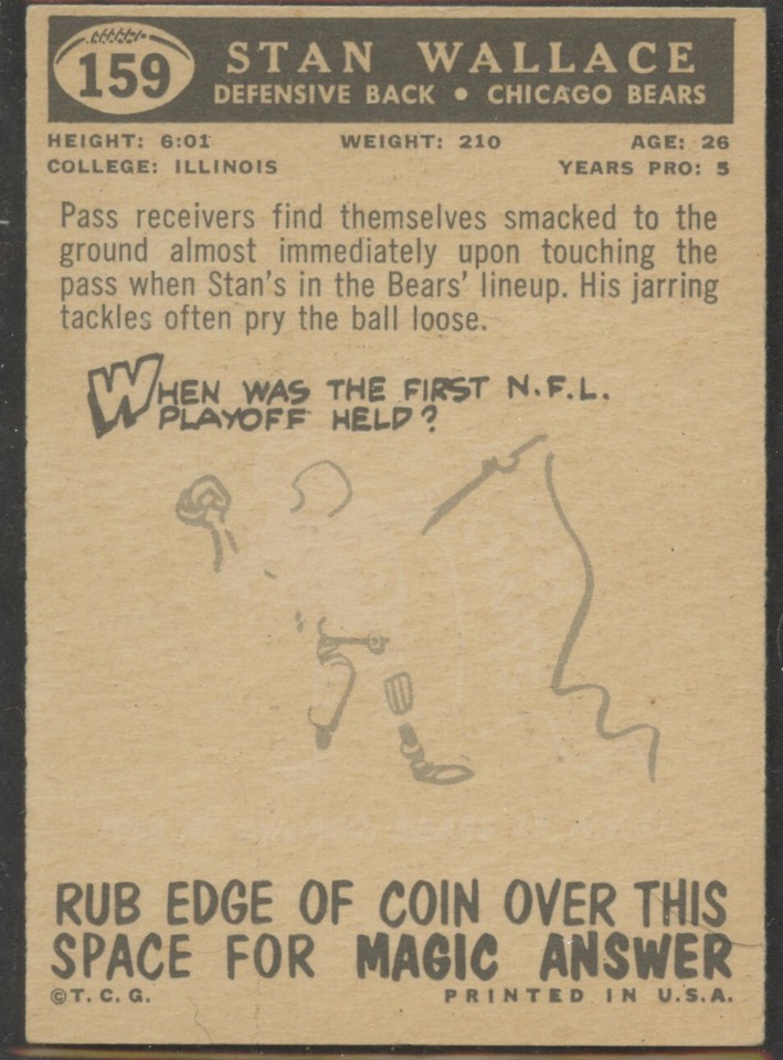 1959 Topps #159 Stan Wallace Chicago Bears | eBay