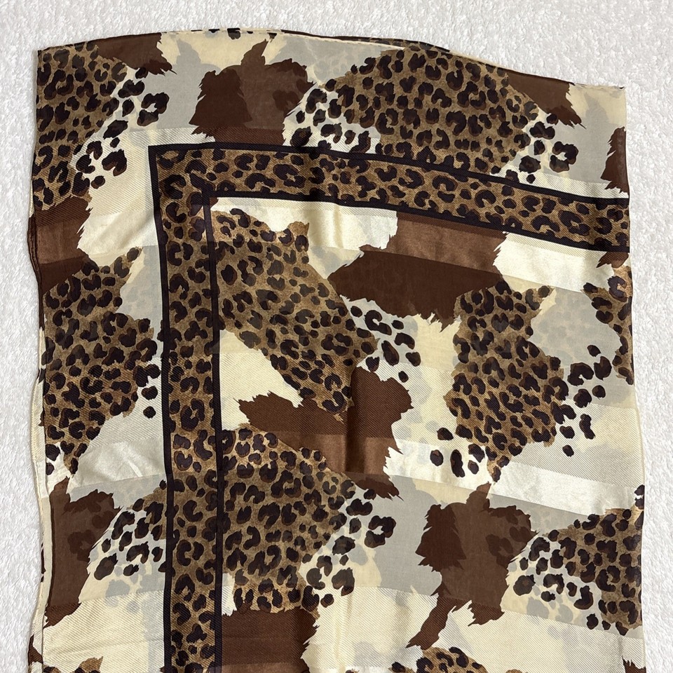 YSL Silk Scarf 39in Leopard Animal Border Brown Cream Square Yves Saint ...
