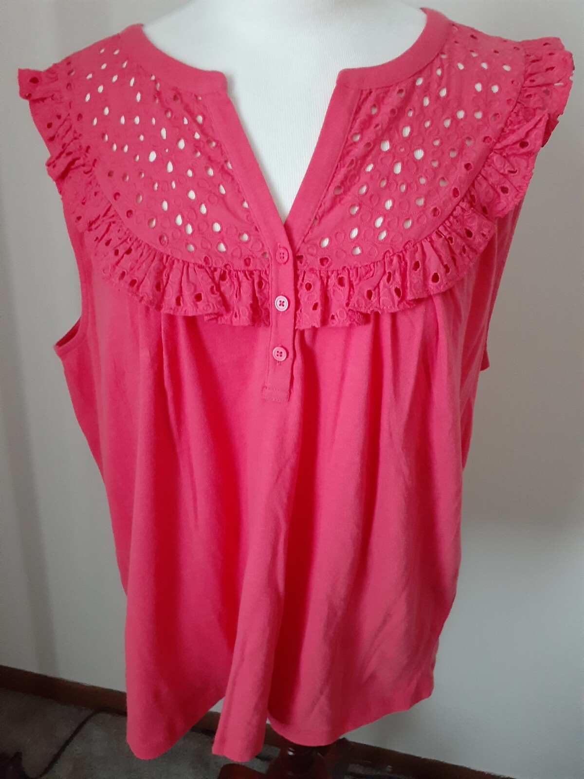 Loft Eyelet Ruffle V-neck Button Tunic sleeveless top XL/16/1X Coral ...
