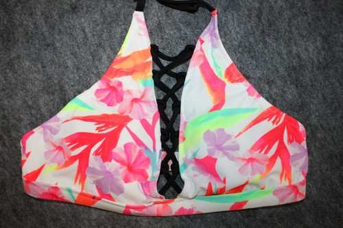 PINK Victorias Secret Tropical Pink Floral Lace Up High Bikini Swim Top ...