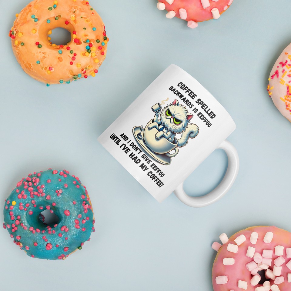 FUNNY COFFEE CAT MUG EEFFOC IS COFFEE SPELLED BACKWARDS 11 OZ CUTE CUP ...