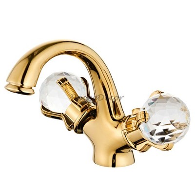 Luxury Gold Polished Copper Bathroom Dual Crystal Handles Basin Sink ...