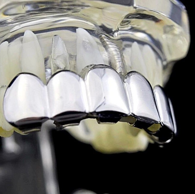TWO Top Teeth Grillz Silver Tone 6 Tooth Six Teeth Pre-Made Hip Hop ...