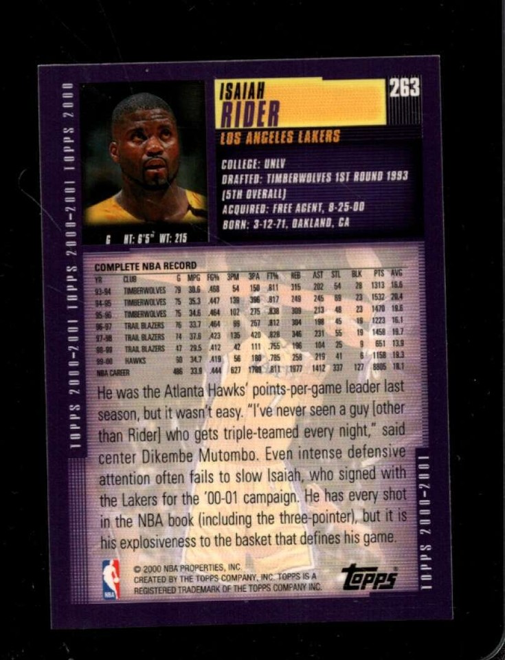 2000-01 TOPPS #263 ISAIAH RIDER NMMT LAKERS *X80500 | eBay