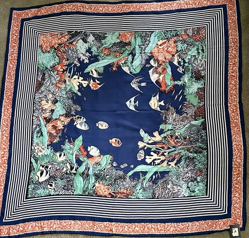 NWT SHANGHAI SILK Blue Green Sea Ocean Coral Beach Scarf XL Shawl Fish ...