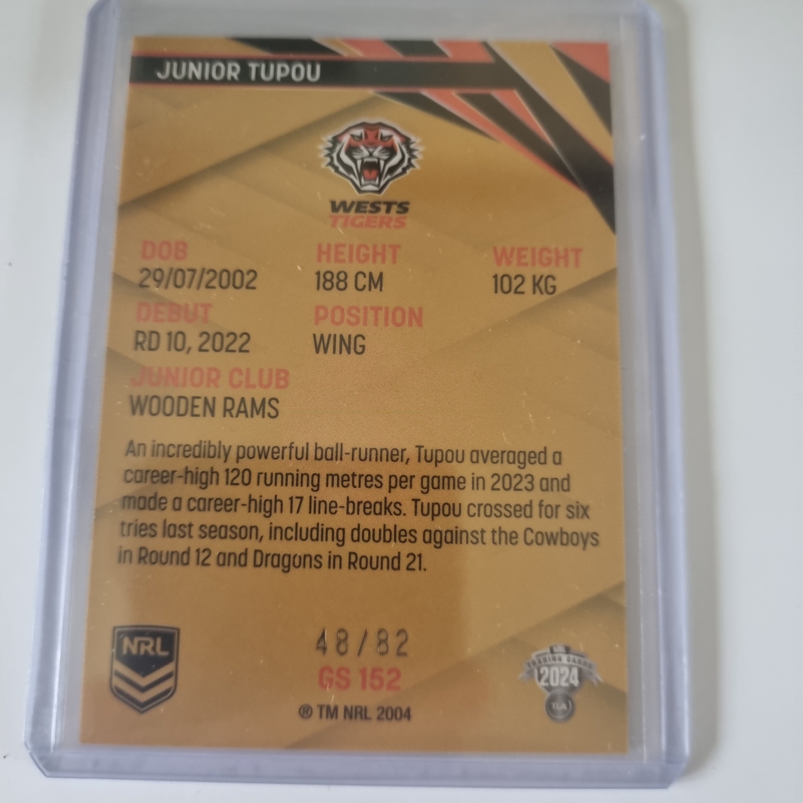 NRL 2024 Traders - Gold Special - #GS152 - Junior Tupou - Tigers - #48 ...
