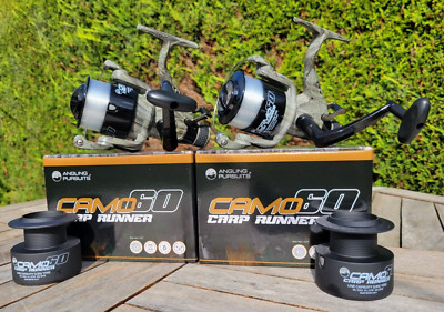 2 x NGT Angling Pursuits Camo 60 3BB Carp Runner Reel 12lb Line 2 Spare ...