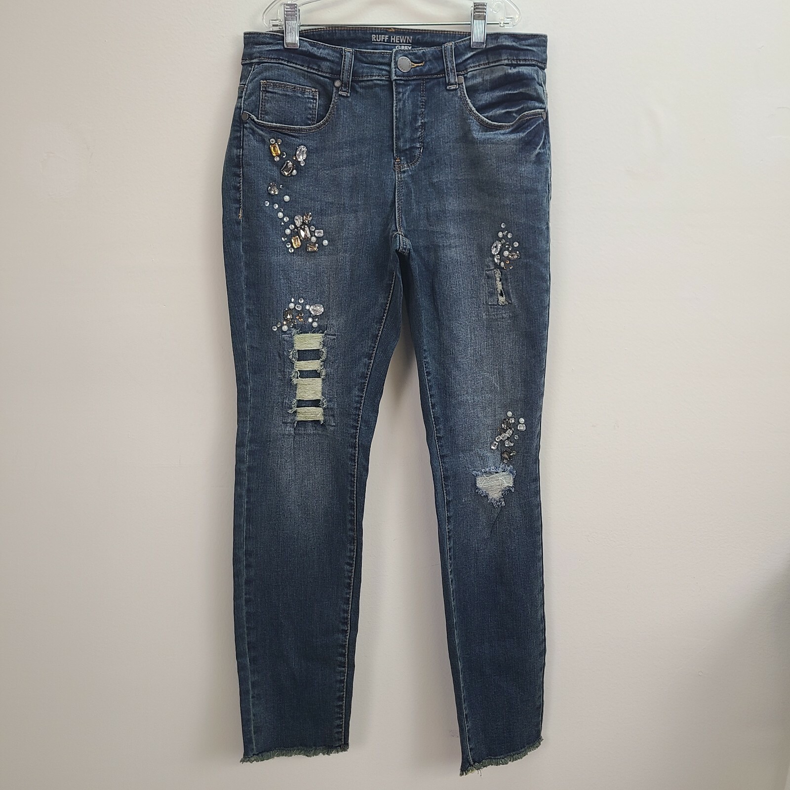 Ruff Hewn Jeans Women 4 Blue Distressed Bling Raw Hem Stretch Denim | eBay