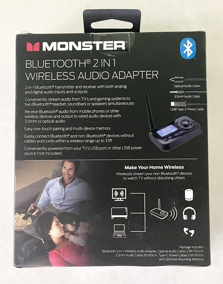 Monster Bluetooth 2 In 1 Wireless Audio Adapter, Transmitter/Receiver ...