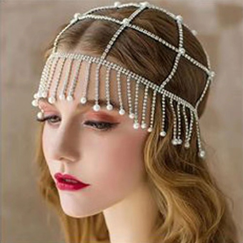 Head Chain Jewelry Boho Headband Pearl Crystal Tassel Chain Hair Band ...
