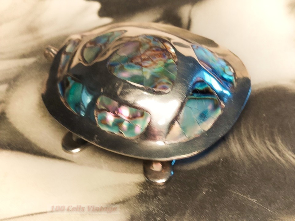 Abalone Turtle/tortoise Mexico silver tone-6cm-vintage trinket/pill box ...