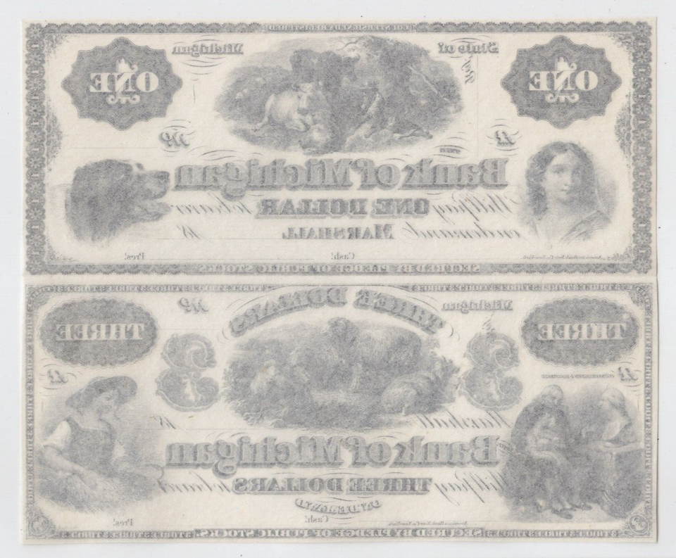 1800s Bank of Michigan $1 & $3 Uncut Pair of Obsolete Remainder Notes ...