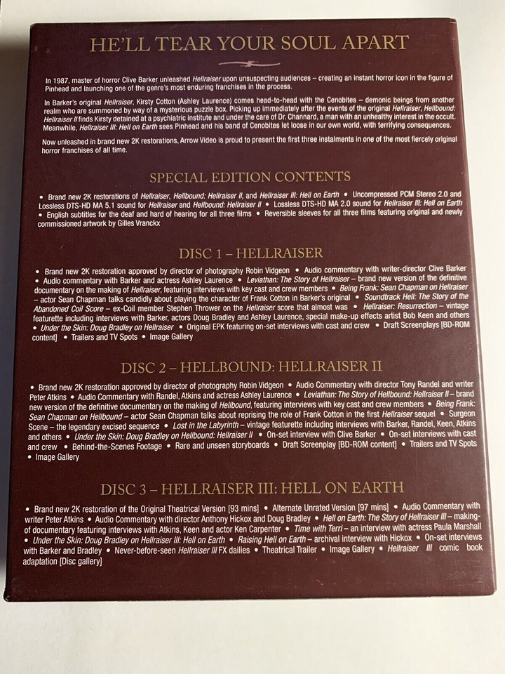 Hellraiser Trilogy (Blu-ray, 1987-1992, 3-Disk Set) Arrow Region B Set ...