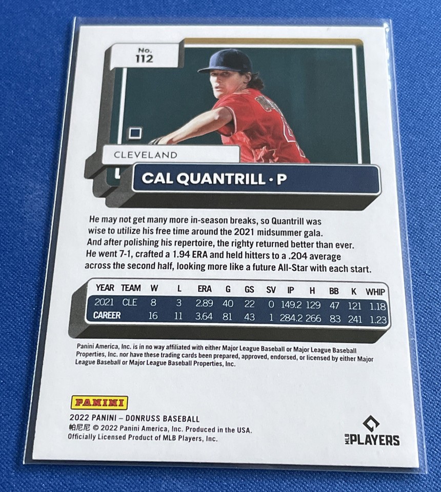 2022 Panini Donruss #112 Cal Quantrill Cleveland Guardians | eBay