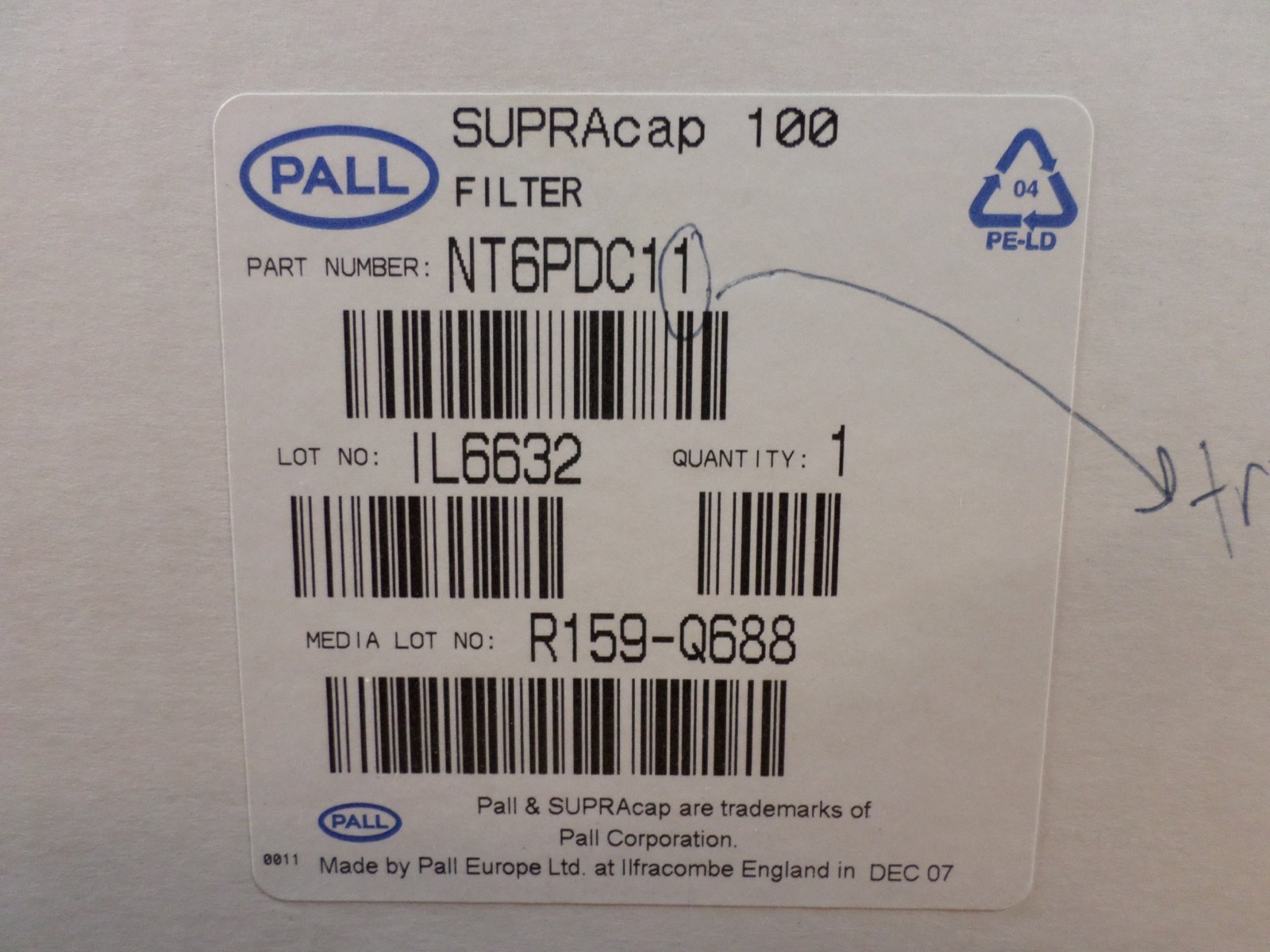 PALL T-Style 10” Triclamp SUPRAcap 100 Filter Capsule NT6PDC11 (Qty 1 ...