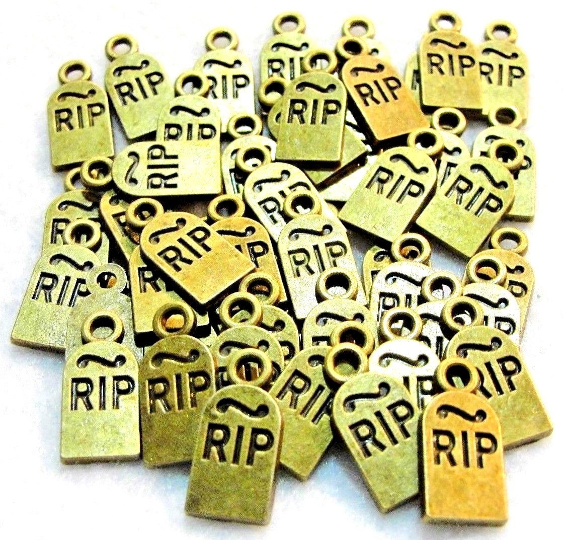 50Pcs. WHOLESALE Tibetan Antique Bronze RIP Tombstone Halloween Charms ...