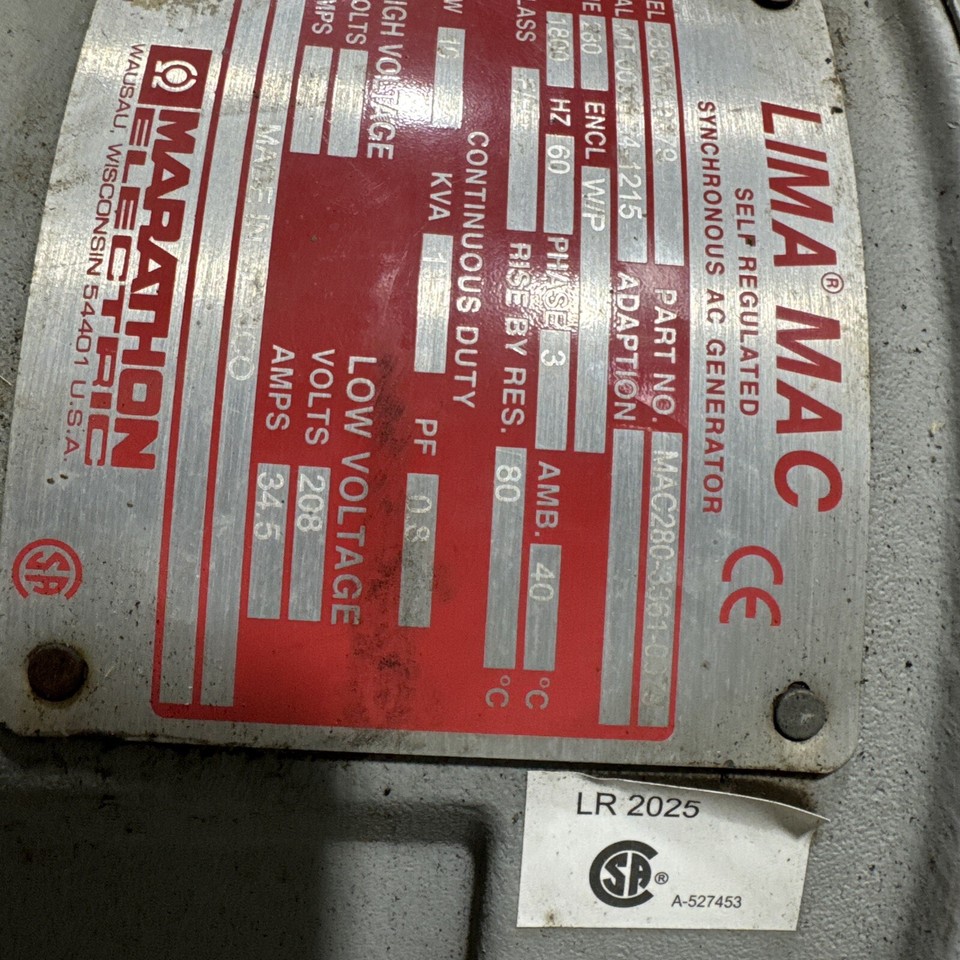 Lima MAC AC Generator 10KW Model 280MDL0079 280 Frame size 60hz 208 ...