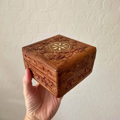 Vintage Hand Carved Wooden Box 4x4 Cottage Rustic Floral Inlay | eBay