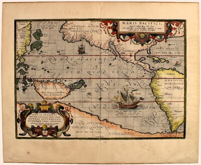 1589 MARIS PACIFICI, PACIFIC OCEAN, AMERICAS Antique authentic hand ...