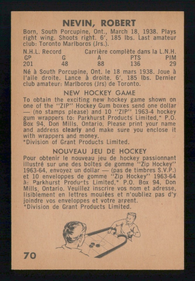 BOB NEVIN 1963-64 PARKHURST 63-64 NO 70 NRMINT+ 81501 | eBay