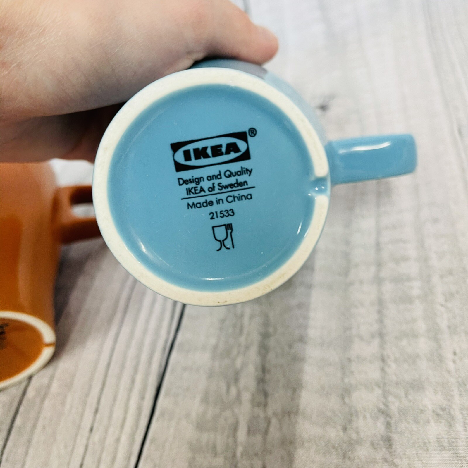2 IKEA Stacking Fall Coffee Mugs Aqua Teal Blue & Burnt Orange 8oz Hot ...