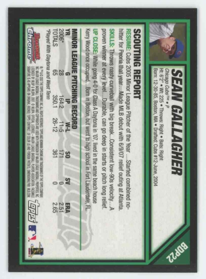 2007 Bowman Chrome Draft Prospects Sean Gallagher RC Auto Chicago Cubs ...