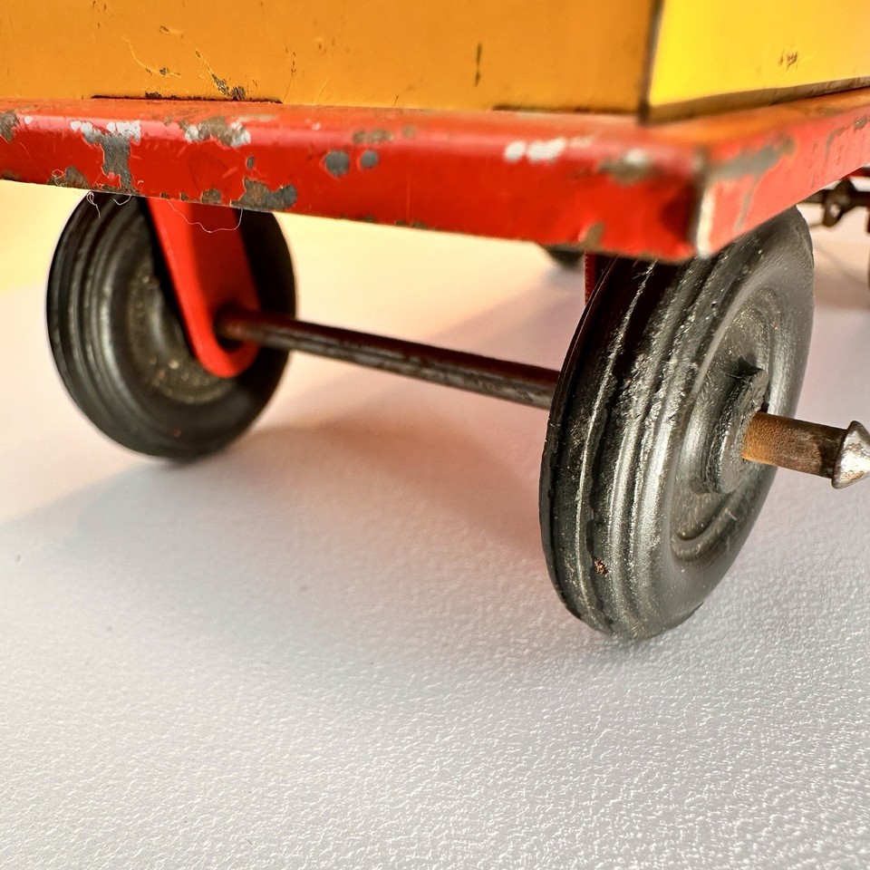 Rare Vintage 4 wheel Metal Utility Trailer 6" Yellow Red Movable front ...