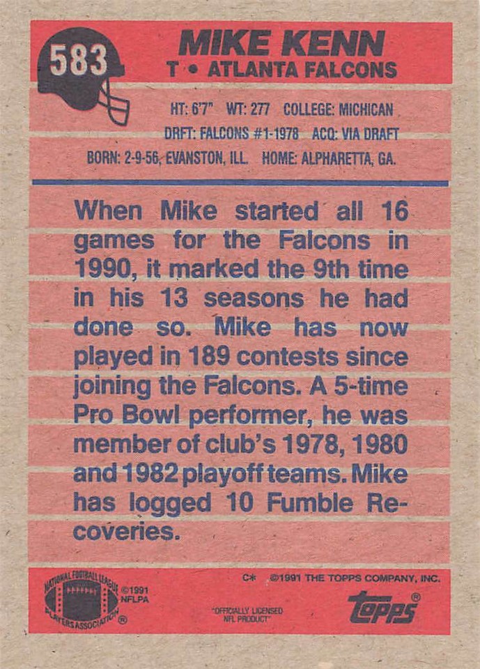 1991 Topps Football Card #583 Mike Kenn | eBay