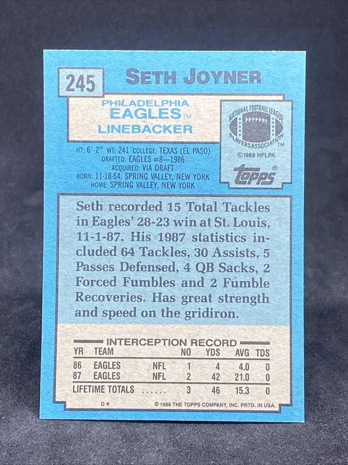 SETH JOYNER 1988 Topps NFL Football #245 EAGLES | eBay