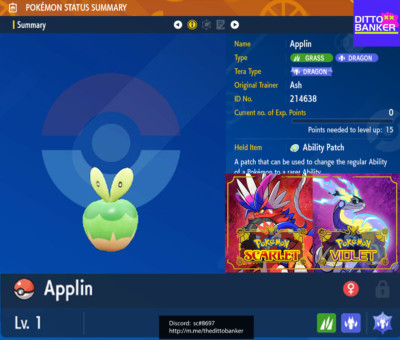 Pokemon Scarlet/Violet SHINY APPLIN Lv.1 6IV Modest w Ability Patch ...