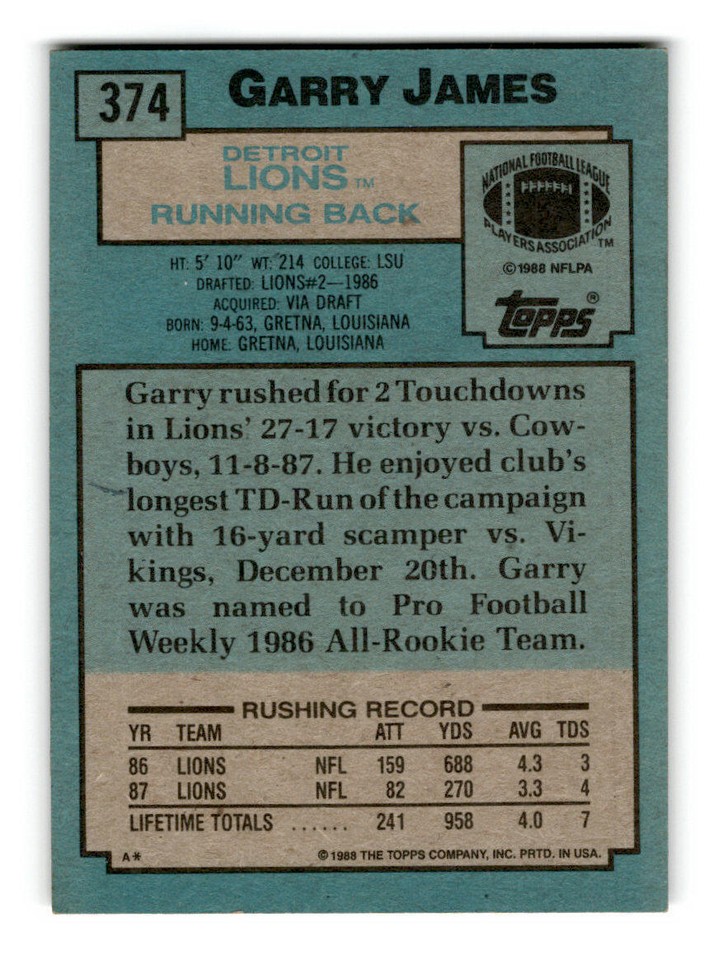 1988 Topps Garry James #374 Detroit Lions | eBay
