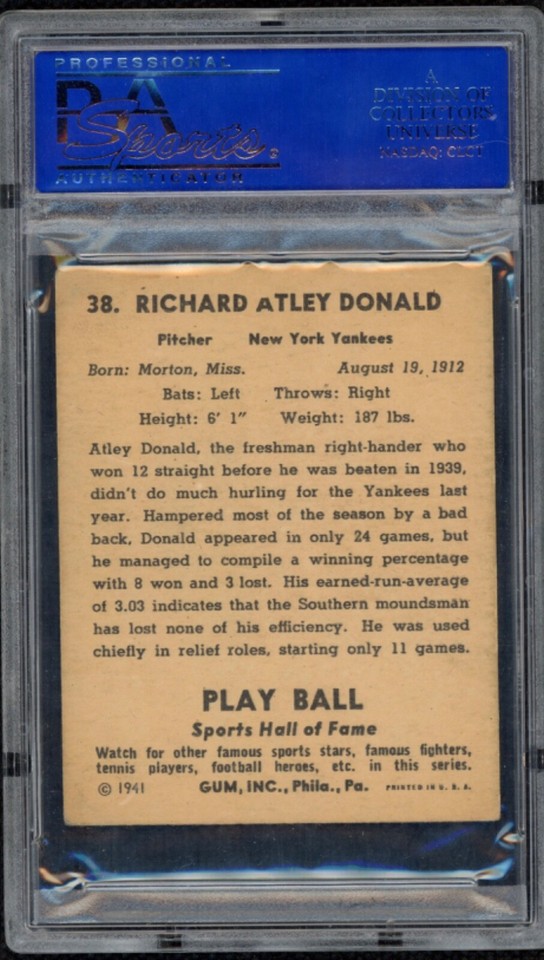 1941 Play Ball #38 Atley Donald New York Yankees PSA 4 | eBay