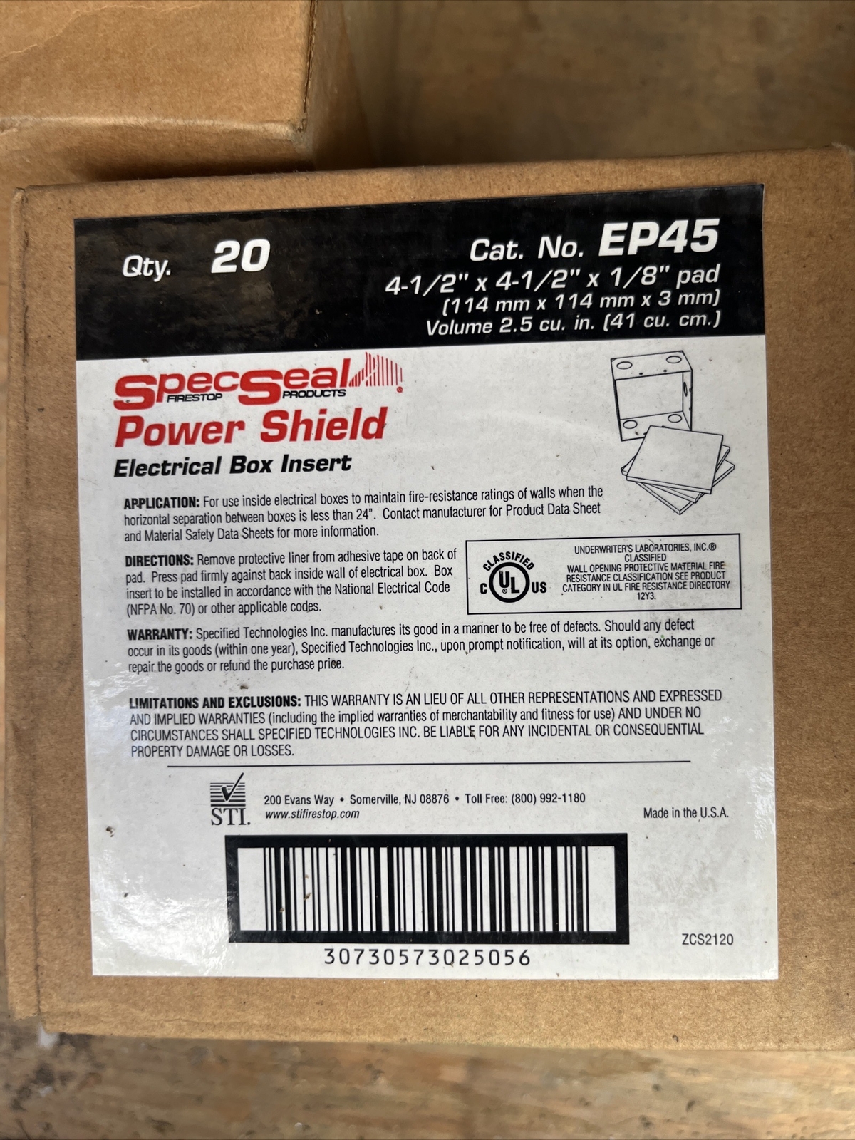 SPECSEAL EP45 POWER SHIELD ELECTRICAL BOX INSERT FIRE PAD Box Of 20 ...