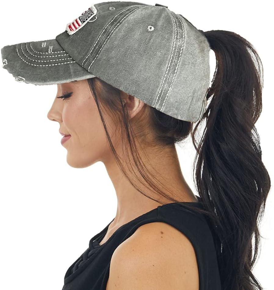 Distressed Ponytail Hat for Women American-Flag Pony Tail Caps High Bun ...