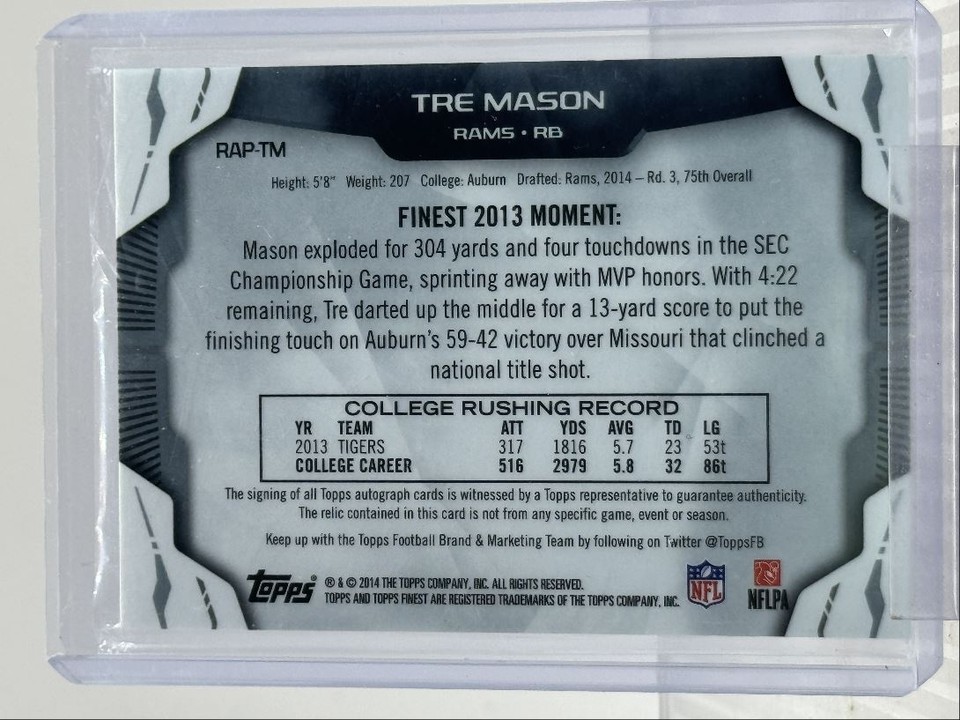 TRE MASON 2014 TOPPS FINEST RPA ROOKIE PATCH REFRACTOR RC AUTO Q2911 | eBay