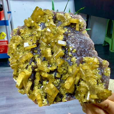 5.8LBShiny Golden Cuboid Barite Crystal Based on the Purple Spherical ...
