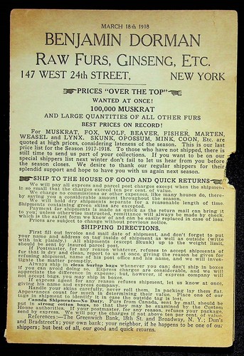 Benjamin Dorman 1918 Fur Price List W. 24th St. New York Ginseng & Raw ...