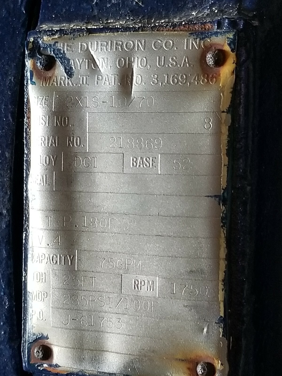 Durco Duriron pump, Mark II, 75 GPM, Size 2X1S-10/70, DCI alloy, 285PSI ...