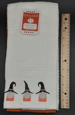 New, White/Orange CASABA Halloween Waffle Knit Kitchen Towel Set | eBay