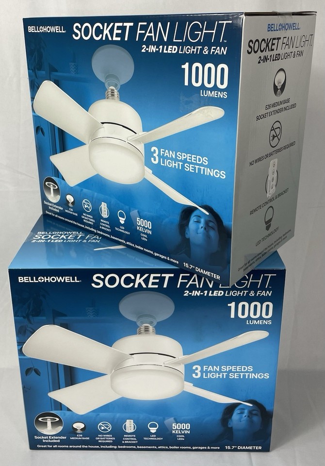 Bell + Howell Lot of 2 SOCKET CEILING FAN 2-in-1 Fan+LED Light with ...