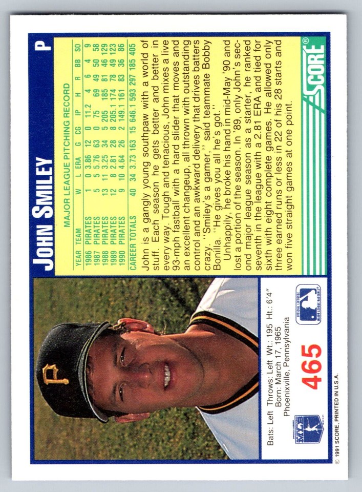 1991 Score #465 John Smiley Pittsburgh Pirates | eBay
