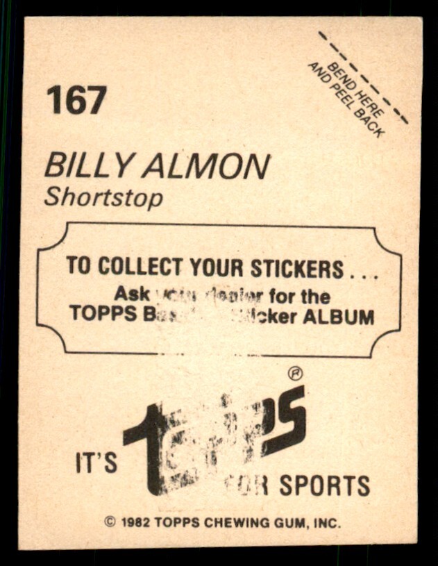 1982 Topps Stickers Bill Almon Chicago White Sox #167 MLB Baseball | eBay