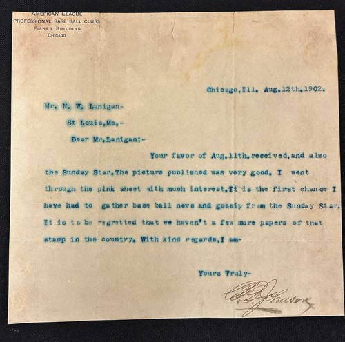 Ban Johnson Signed August 12th, 1902 Typed Letter - JSA Certified LOA ...