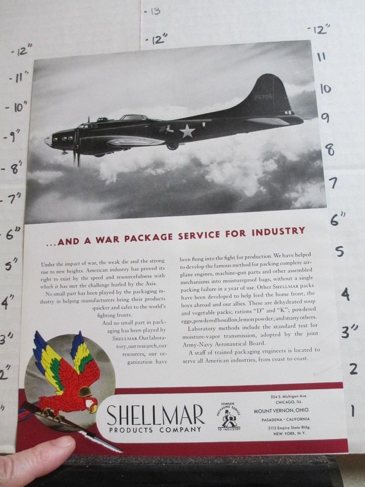 magazine ad 1943 SHELLMAR Mt Vernon OH WWII war airplane macaw parrot ...