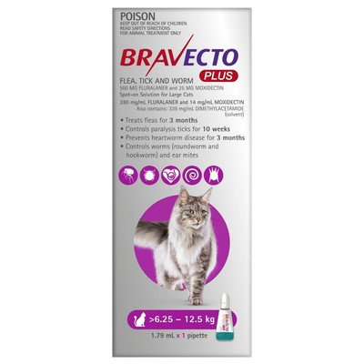 Bravecto Plus Flea, Tick & Worming Treatment 6.25-12.5kg Cat Every 2 ...