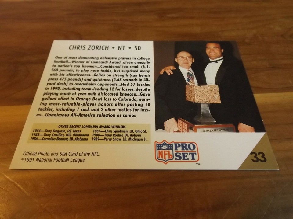 Chris Zorich Notre Dame (1990 Lombardi Award Winner) NFL Pro Set 1991 ...