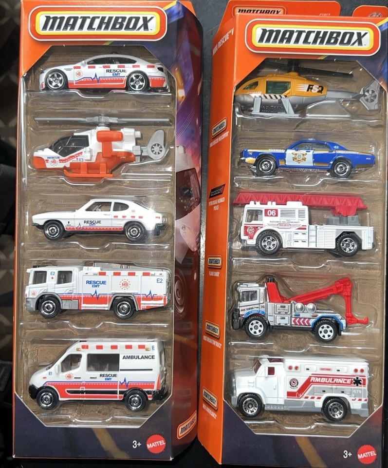 Matchbox Emergency Rescue & Police Fire (2) 5-Pack Lot 🔥 Ambulance Heli ...
