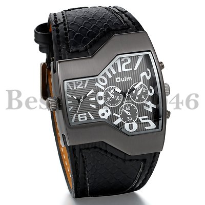Mens Large Face Dual Time Quartz Analog Wide Leather Wrist Military ...